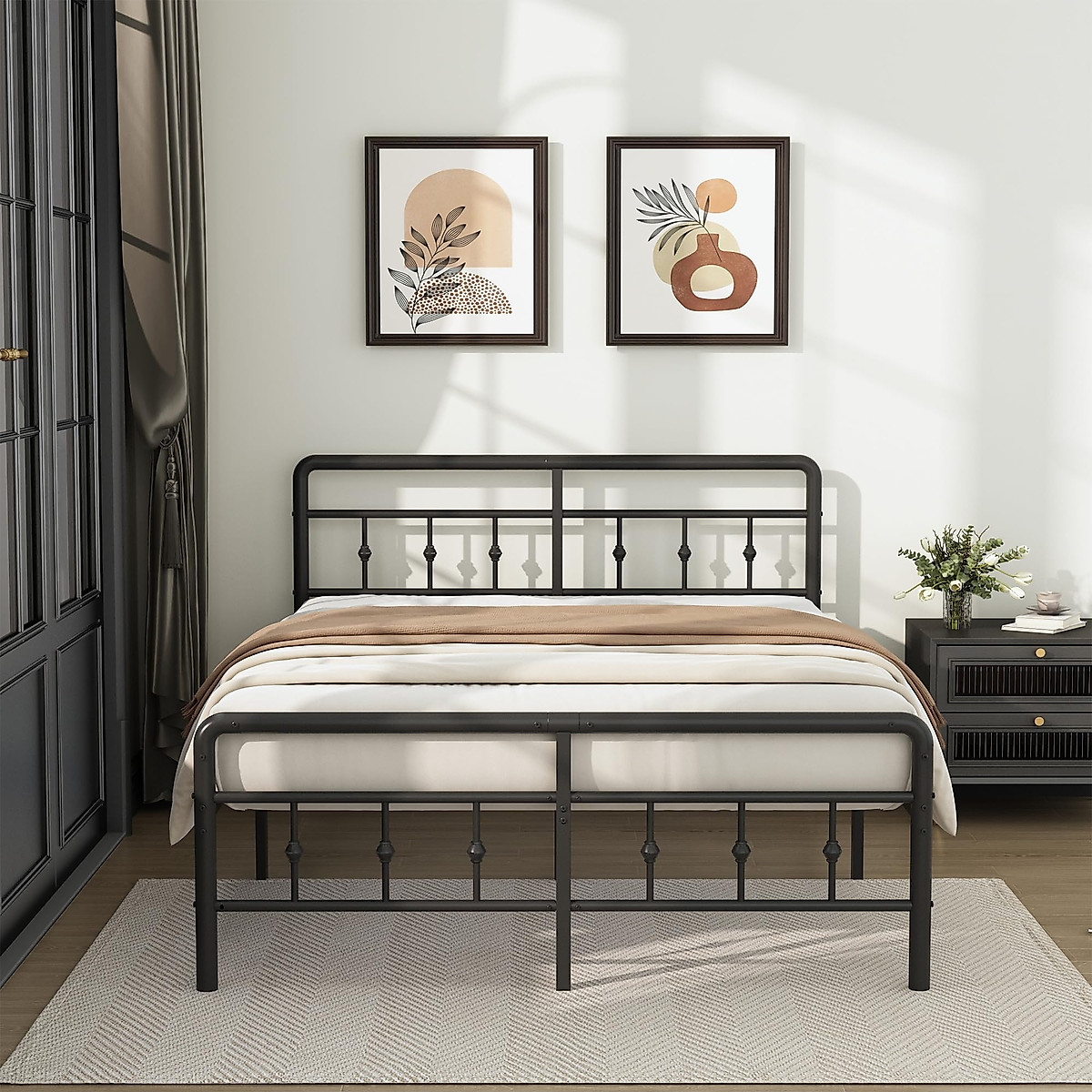 DiaOutro Metal Platform California King Bed Frames with Headboard and Footboard, 16 Inch No Box Spring Needed Heavy Duty Victorian Style Iron-Art Mattress Foundation/Maximum Storage Matte Black DA16