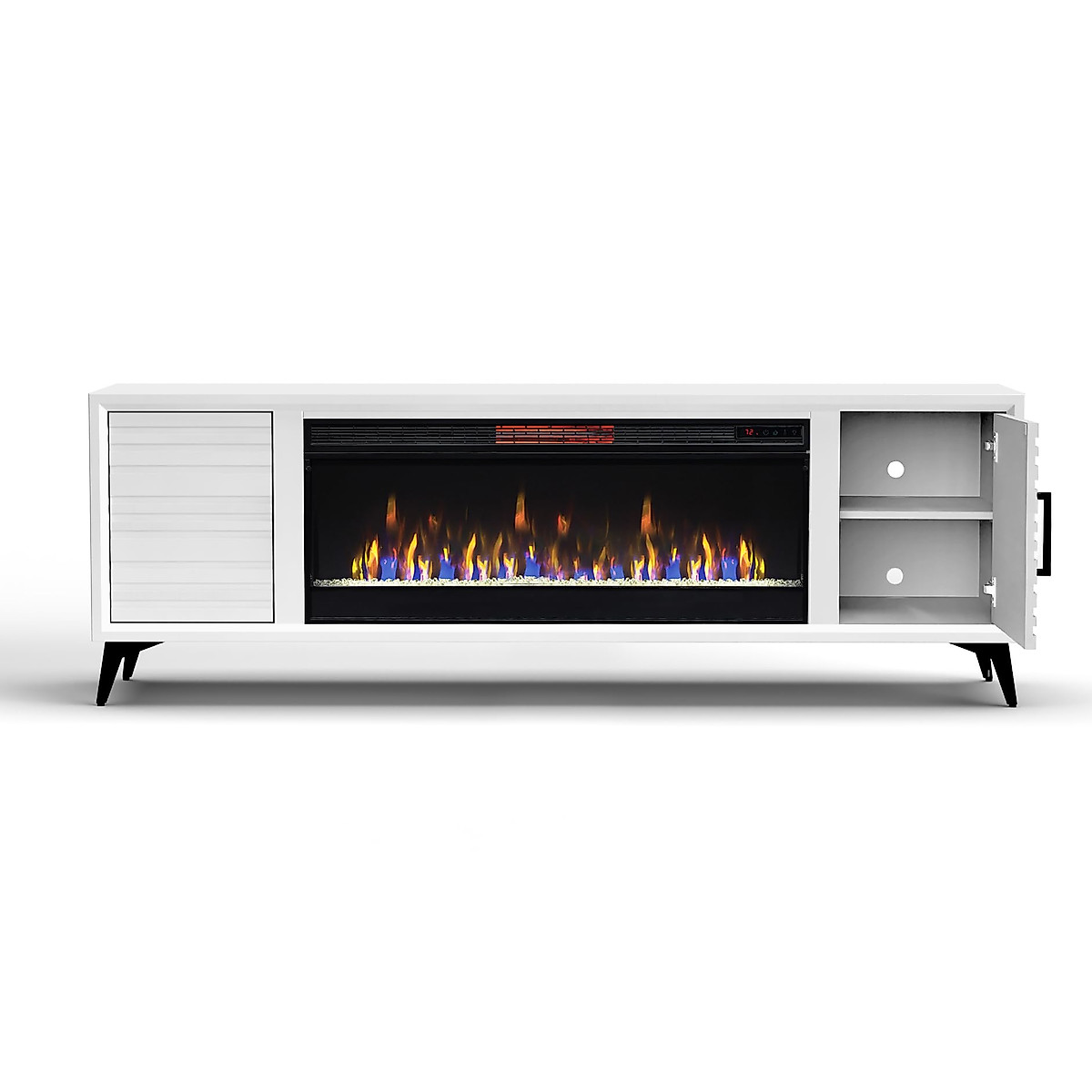 Realcozy Malibu Contemporary Fireplace TV Stand, 78 inches, Accommodates TVs up to 90 inches, Fully Assembled, Poplar Solid Wood, White Finish