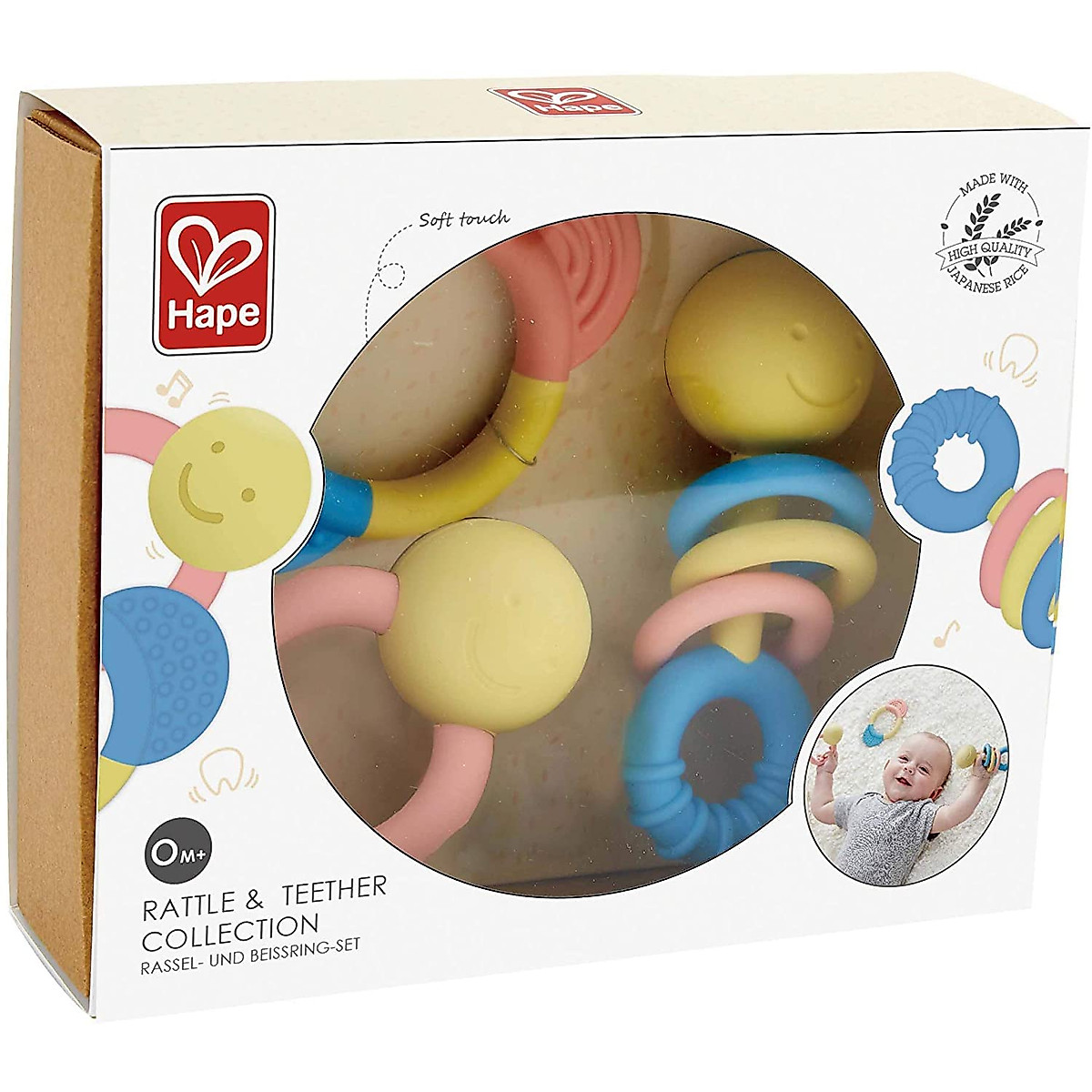 Hape Rattle & Teether Collection | 3-Piece Rattle & Teething Set for Babies, Soft Colors
