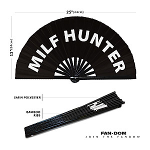MILF Hunter hand fan foldable bamboo circuit hand fan funny gag slang words expressions statement gifts Festival accessories Rave handheld Circuit event fan Clack fans (Black)