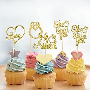 Gyufise He Asked She Said Yes Cupcake Toppers Gold Glitter Diamond Ring Heart Love Cake Picks for Wedding Engagement Party Cake Decorations 24 Pack