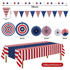 HOOSUN 4th of July Decorations Set, 9 Pcs Red White and Blue Paper Fans Patriotic Decor, USA Pennant Bunting,Star Streamers,Patriotic Tablecloth for Fourth of July Party Supplies, Memorial Day Decor