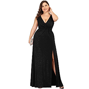 Ever-Pretty Plus Women's V-Neck Glitter Dress Side Split Plus Size Evening Dress Black US14