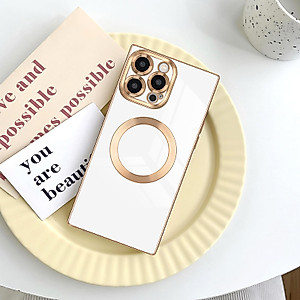 Newseego for iPhone 13 Pro Max Magnetic Case, Luxury Plating Edge Case for Women Girls Men Soft TPU Bumper Anti-Scratch Shockproof Protective Case Cover for iPhone 13 Pro Max-White