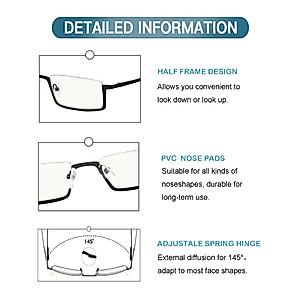 SDPIQDS 2 Pairs Half Moon Frame Reading Glasses Blue Light Blocking,Semi Rim Spring Hinge Metal Readers with Cases Women Men 2.0X