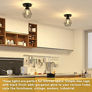 FadimiKoo 2-Pack Semi Flush Mount Ceiling Light, Black Hallway Light Fixtures Ceiling Mount, Farmhouse Metal Cage Pendant Indoor Modern Ceiling Lamp for Kitchen Porch Bedroom (LED Bulbs Included)