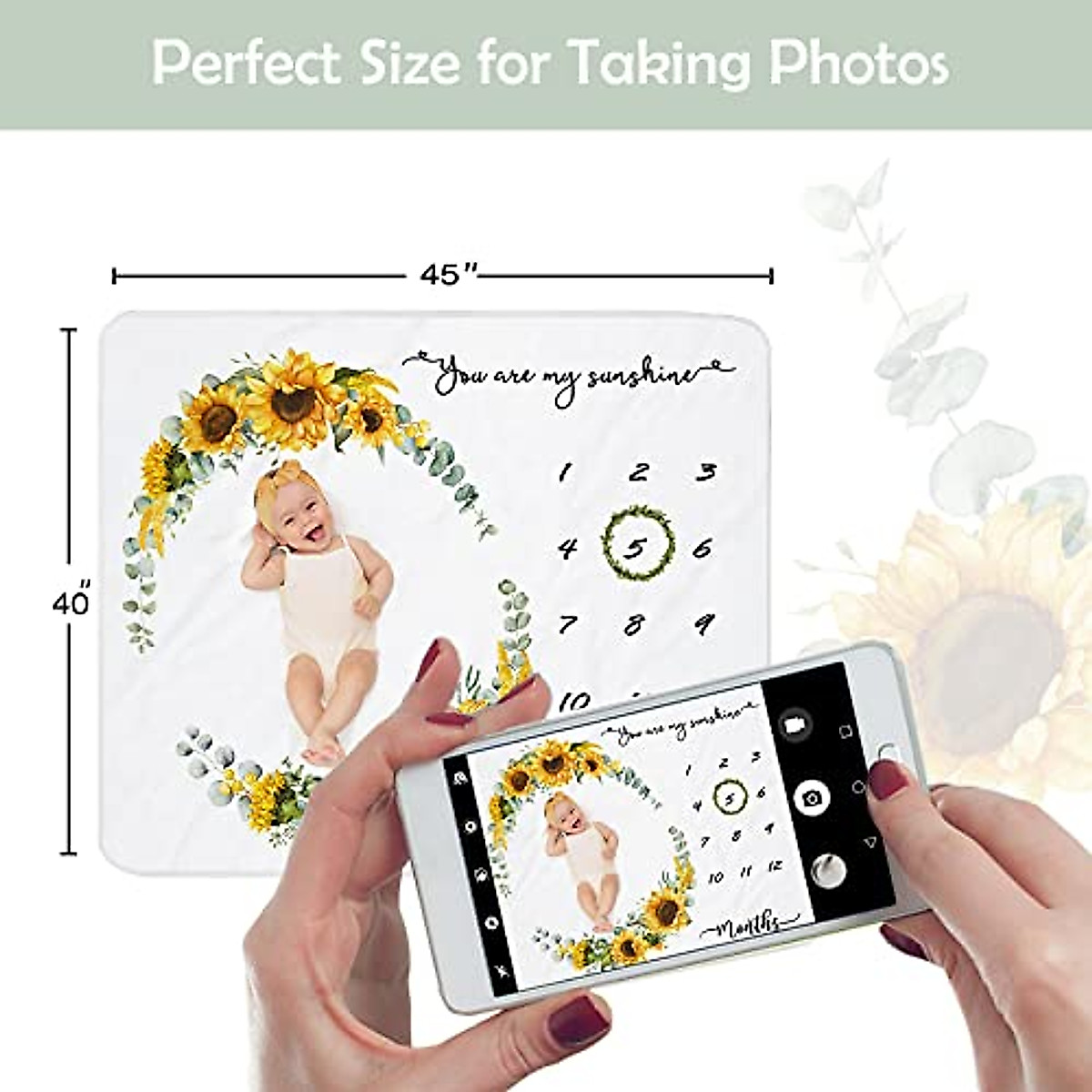 fundich Baby Milestone Blanket for Baby Girl|Newborn Monthly Milestone Picture Blanket|Sunflower Nursery Decor|Baby Girl Photo Background Prop Blanket 45"x40" with Wreath and Headband