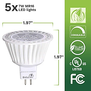 Bioluz LED 5 Pack MR16 LED Bulb Dimmable 50W Halogen Replacement 7w 3000K 12v AC/DC UL Listed High CRI