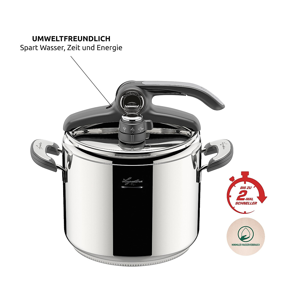 Lagostina Novia Vitamin Lagoeasy'UP Pressure Cooker 9 L Stainless Steel 18/10 Ø 24 cm, Induction and Gas Pot, Lid with Easy Opening, Including Basket, Ecodose and Recipe Book