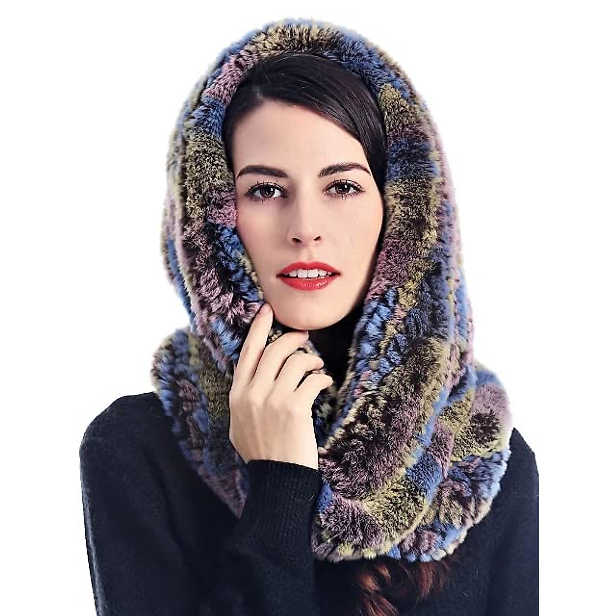 Knitted Rex Rabbit Infinity Scarf w Hood Fur Scarves Wrap Shawl Fur Cashmere Pashmina Silk Wool Cape Cashmere Cape (Ebony Black)