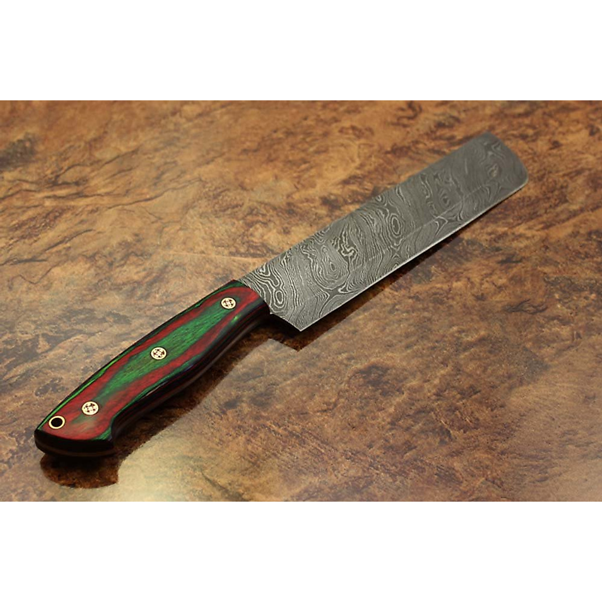 12.5" hand forged Damascus steel Nakiri knife, kitchen knife, vegetable knife, 2 tone Green & Maroon wood scale, Cow hide Leather sheath with belt loop