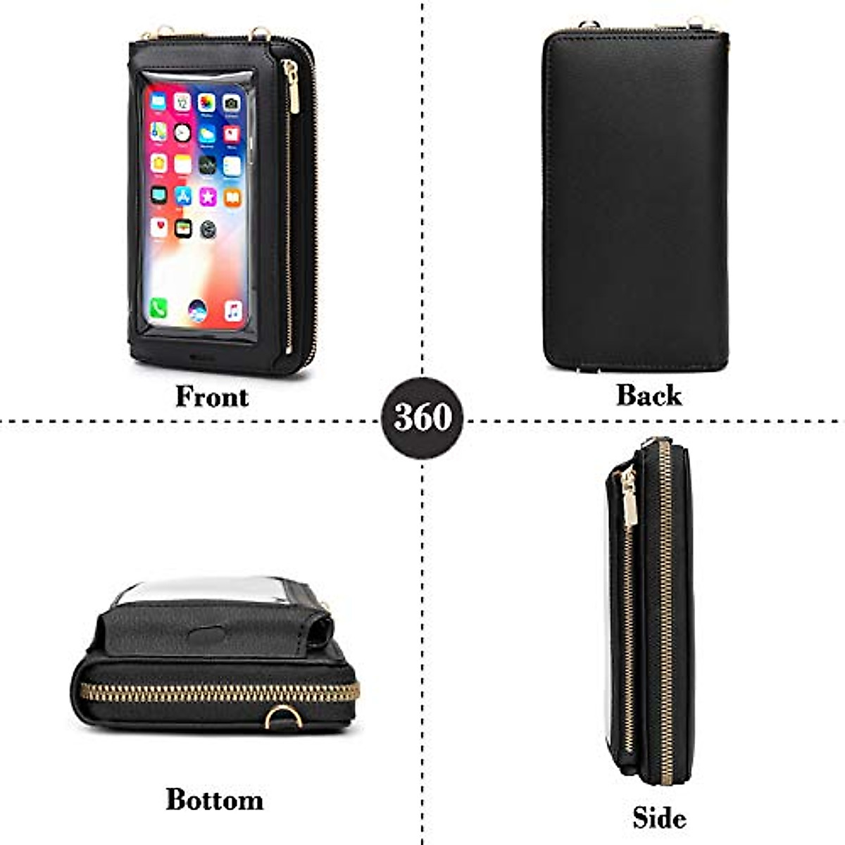 Small Touch Screen Phone Bag for Women, Zipper Crossbody Purse Leather Shoulder Bag RFID Blocking Wallet Handbag(T-Black)