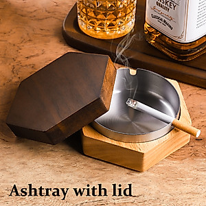DDAJJAJ Windproof Ash Tray for Weed with Lid, Wooden Ashtray with Stainless Steel Liner for Outdoors and Indoors Use, Smoking Ashtray for Home Office