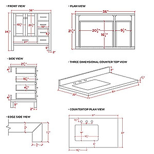 ARIEL 37" Midnight Blue Bathroom Vanity with 1.5" Edge Pure White Quartz Countertop & Backsplash, Left Rectangular Sink, 2 Soft Closing Doors, 5 Full Extension Dovetail Drawers, Satin Nickel