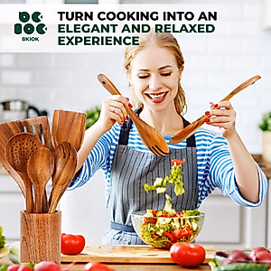 Bkiok Wooden Spoons for Cooking, Teak Wooden Utensil Set, Handmade Cooking Utensil Set with Spoon Rest and Utensils Holder (9Pcs)