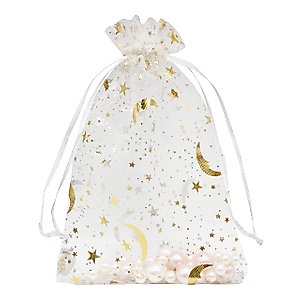 Jexila 100PCS Moon Star Organza Bags 5''X7'' White Mesh Drawstring Jewelry Gift Bags for Baby Shower Wedding Party Favor Candy Bags