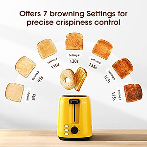 iSiLER 2 Slice Toaster, 1.3 Inches Wide Slot Bagel Toaster with 7 Shade Settings and Double Side Baking, Compact Bread Toaster with Removable Crumb Tray, Defrost Cancel Function Yellow