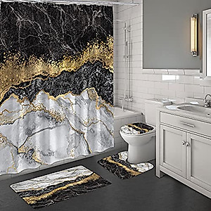 MitoVilla 4 Pcs Black Marble Shower Curtain Sets with Rugs, Black Grey Gold Bathroom Sets with Shower Curtain and Rugs and Accessories, Modern Bathroom Accessories Decor with Bath Mats, Gray