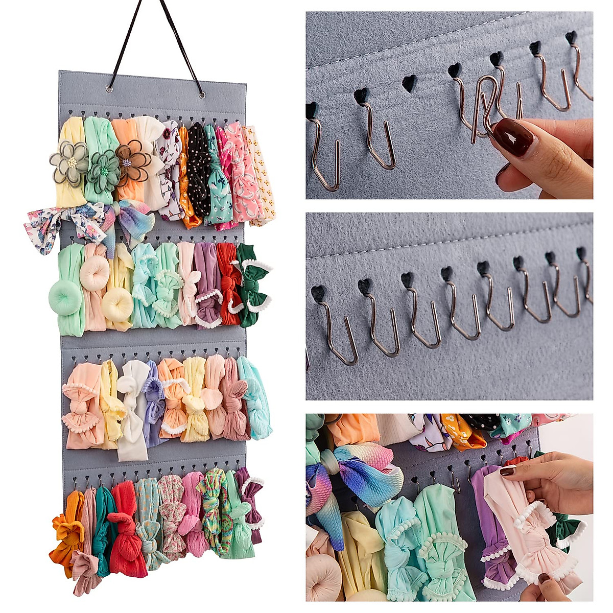 JEWERADO Headband Holder for Baby Girls Hair Bows Hanging Storage Organizer with 60 Hooks Storage for Newborn Headbands, Bow (Gray)