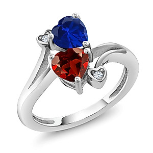 Gem Stone King 925 Sterling Silver Blue Created Sapphire Red Garnet Ring For Women (1.73 Cttw, Heart Shape 6MM, Gemstone September Birthstone, Available In Size 5, 6, 7, 8, 9)
