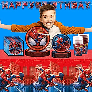 Spiderman Party Supplies | Spiderman Birthday Party Supplies | Spiderman Plates, Birthday Napkins, Paper Cups, Spiderman Tablecloth, Spiderman Birthday Banner | Marvel Superhero Birthday Party Supplies Serves 16