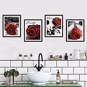 NOROUOV Modern Red Rose Flowers on Gray Books Wall Art Paintings Set of 4 (8X10” Canvas Picture) Relax Breathe Wash Unwind for Bathroom Bedroom Living Room Home Decor No Frame