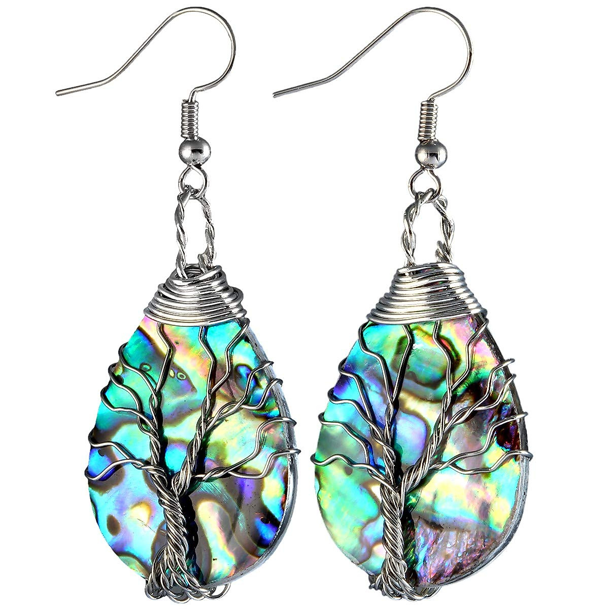 SUNYIK Rainbow Abalone Shell Stone Dangle Earrings for Women, Teardrop Silver Plated