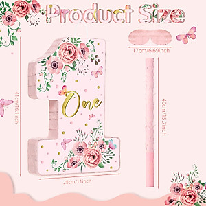 Pink Floral Piñata Number 1 Piñata Set with Blindfold, Bat and Filler for Flower Theme Gender Reveal Baby Shower Kids First Birthday Party Supplies