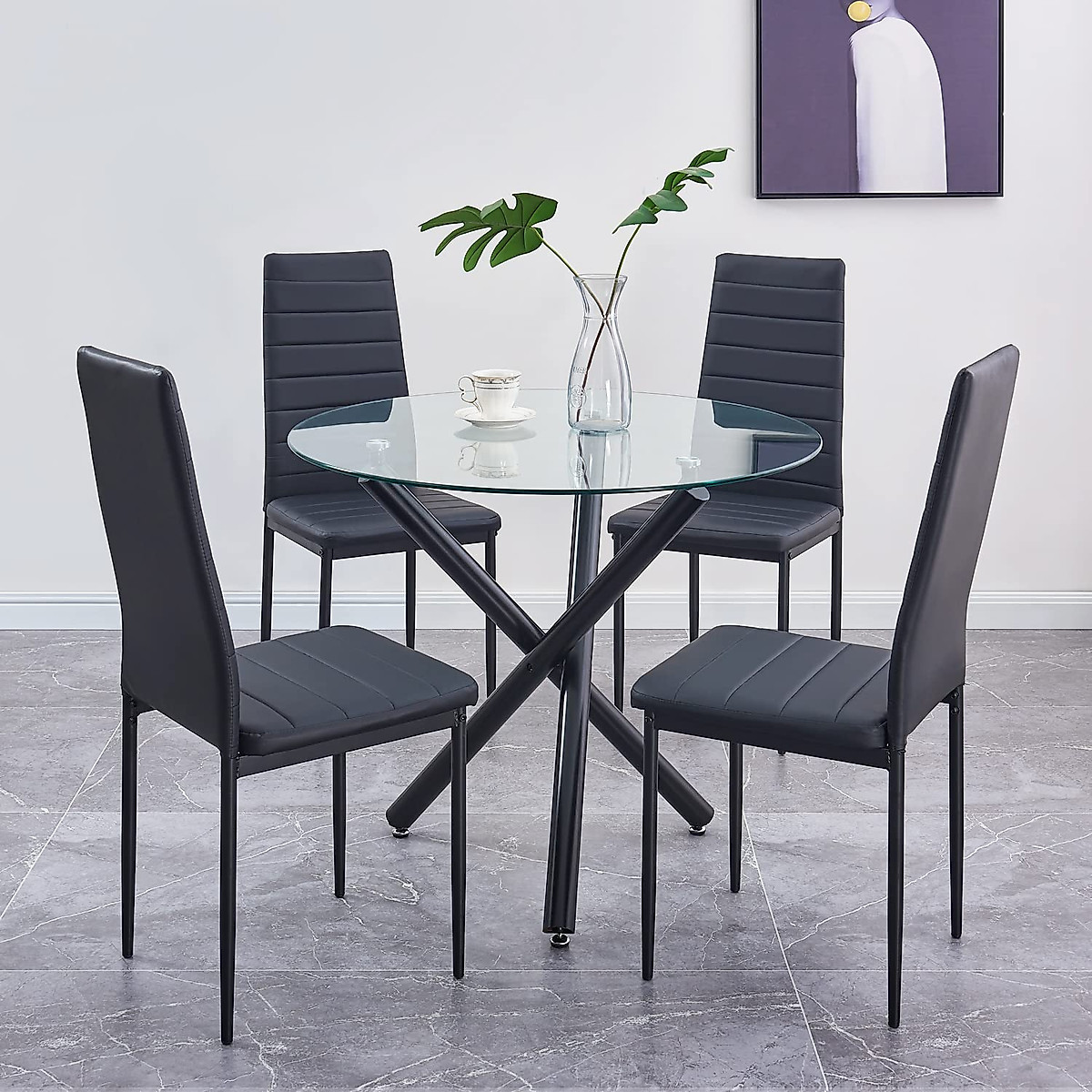 ROZHOME Dining Table Set for 4, 35" Round Glass Table and Faux Leather Metal Chair for Home Office, Kitchen, Dining Room, Apartment, Space Saving (Matte Black+black, Table & 4 Chairs)