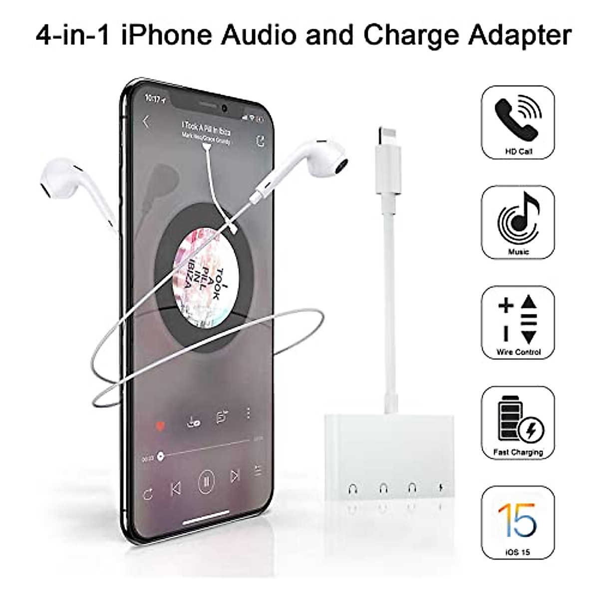 Unitrox 4 in 1 Headphone Jack Audio Charger Adapter & Splitter, iPhone Headphone Jack + Dual 3.5mm Headphone Jack + Charging Port for iPhone 14 13 12 11 X 8 7 / iPad- Support iOS 16
