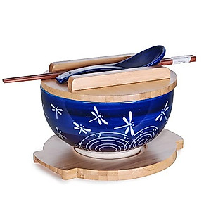 Ceramic Japanese Bowl with Soup Spoon, Noodle Chopsticks, Bamboo Lid and Trivet, Vintage Inspired Kitchenware, 5 Piece Set