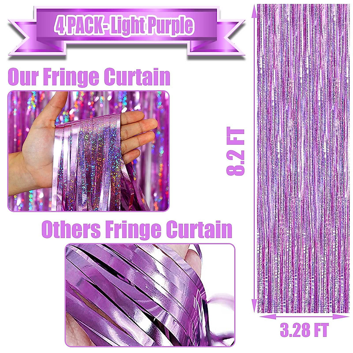 4 Pack Light Purple Tinsel Foil Fringe Curtain Backdrop, 3.28Ft x 8.2Ft Metallic Streamers for Photo Booth Wedding Bridal Shower Bachelorette Birthday Halloween Christmas Party Decoration