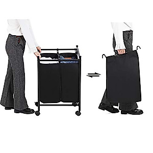 SONGMICS 2 Rolling Sorter, Laundry Basket on Wheels, Hamper with Removable Bags, Total Capacity 90L, Black LSF002BK, Polyester, 50,5 x 41 x 79,9 cm (L x B x H)