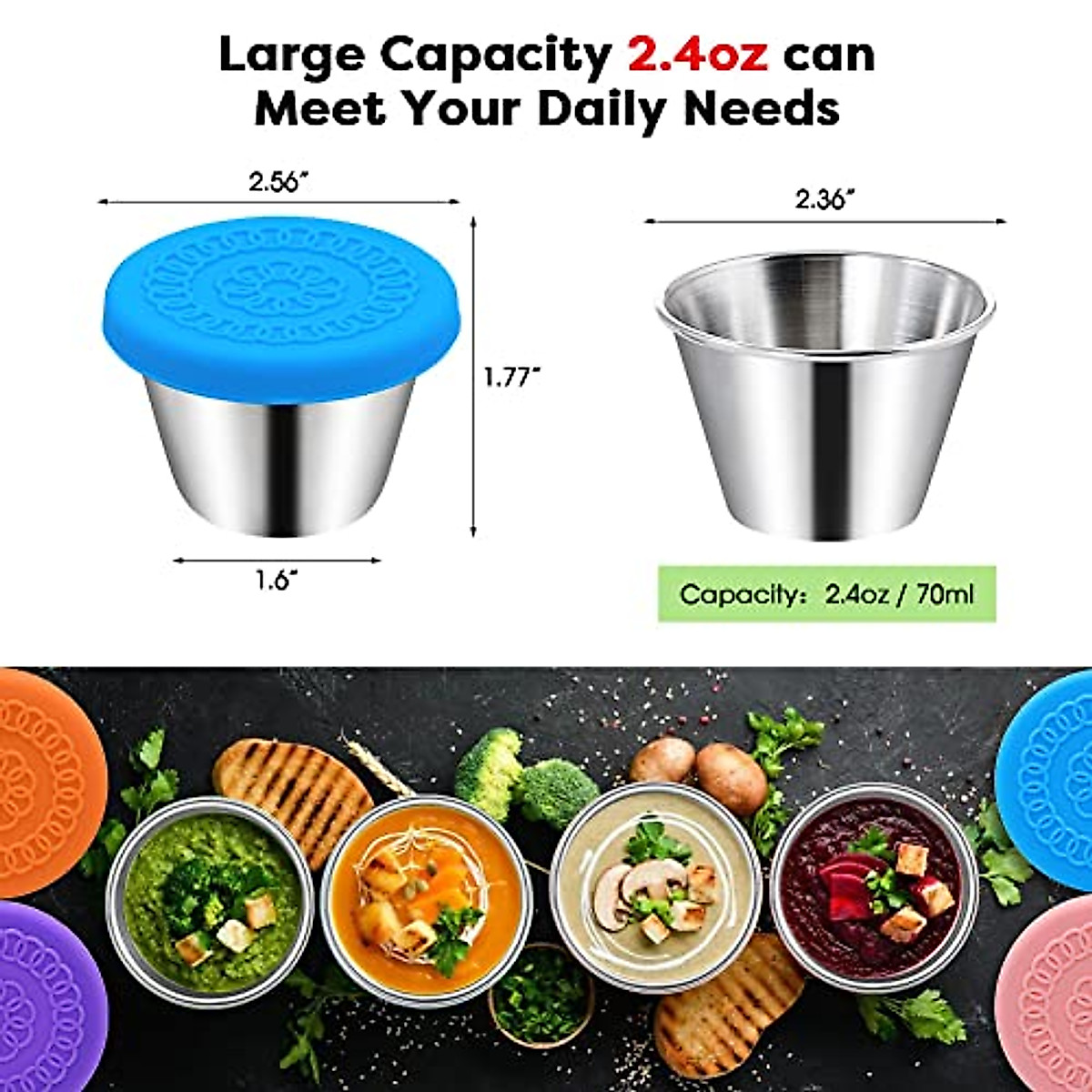 6Pack 2.4oz Small Condiment Containers with Lids, Salad Dressing Container To Go, Stainless Steel Sauce Container with Silicone Lids, Leakproof, Reusable, Small Dipping Sauce Cups with Lids