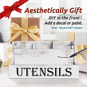 Suli Extra Large Kitchen Utensils Holder with 4 Compartments, White Wooden Utensil Organizer for Kitchen Countertop, Farmhouse Kitchen Decor, Rustic Cooking Utensil - White grain