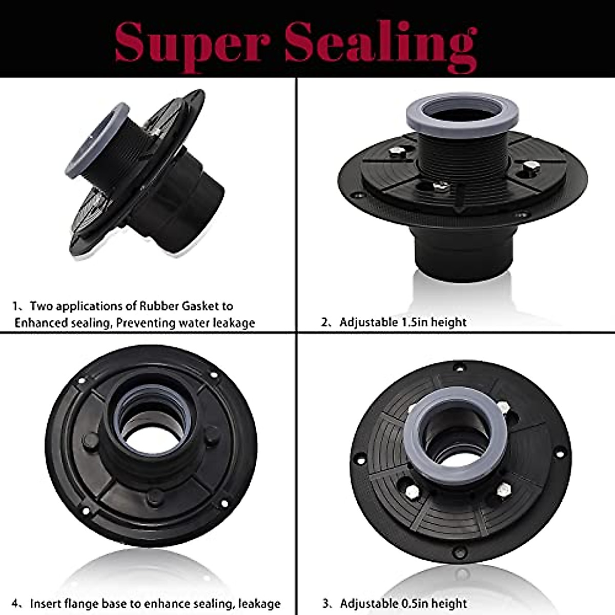 Fibetter 6 Inch Tile Insert Square Shower Drain with Flange Base, 2 in 1 SUS 304 Stainless Steel Shower Drain - Matte Black