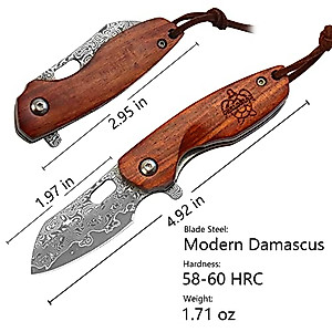 CHELONIAN Mini Damascus Outdoor Pocket Knives with Liner Lock Wood Handle,Gift Box