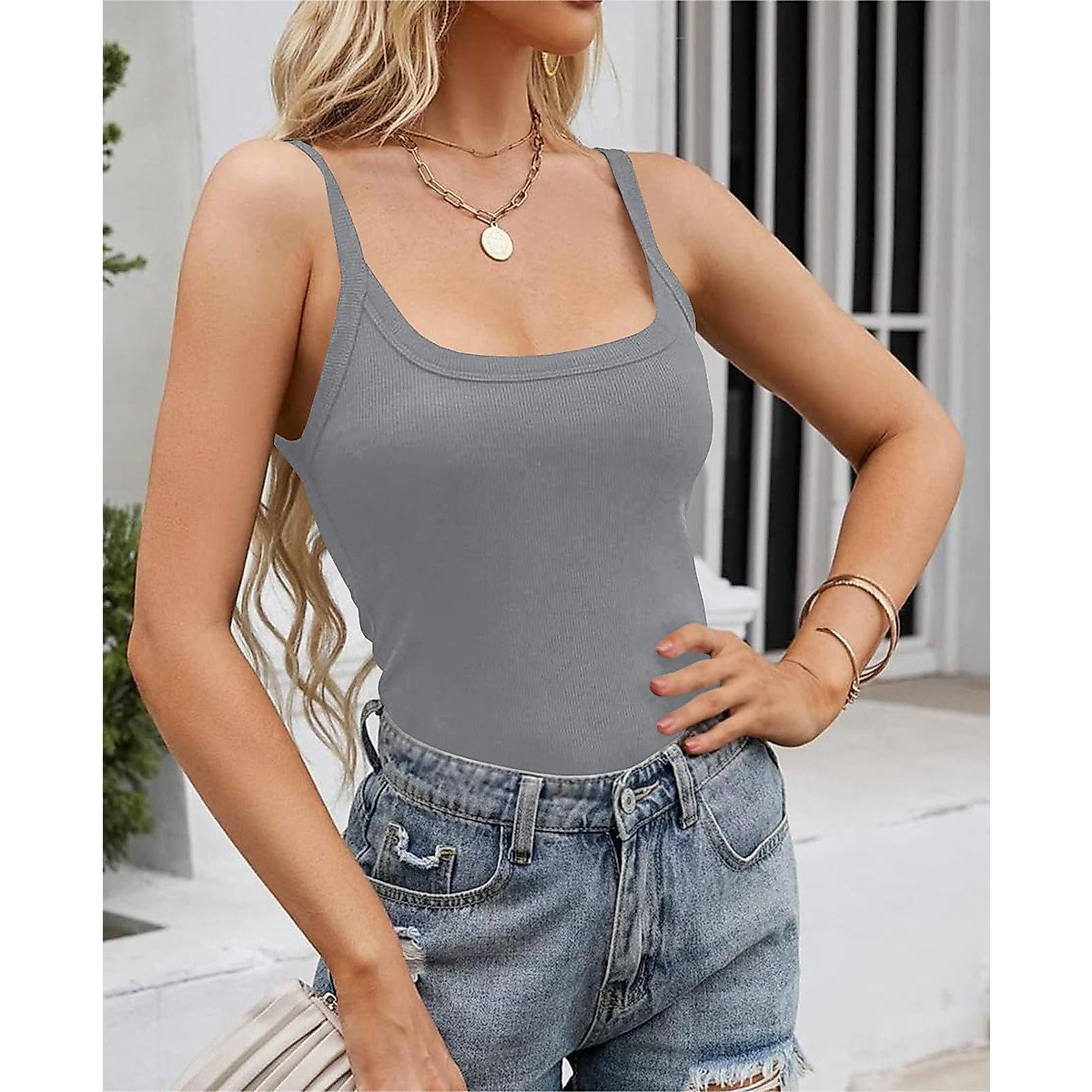 Pepochic Women's Scoop Neck Ribbed Tank Tops Workout Sleeveless Summer Casual Fitted Cami Shirt A-Grey
