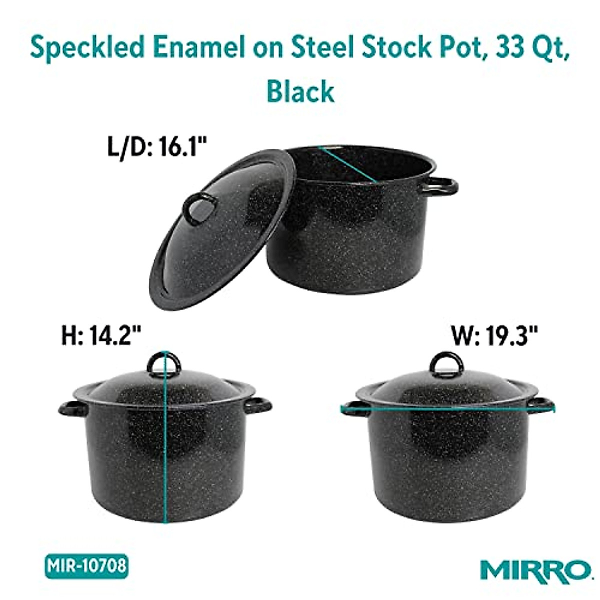 Mirro Traditional Vintage Style Black Speckled Enamel on Steel Stock Pot with Lid, 33 Quart, (MIR-10708)