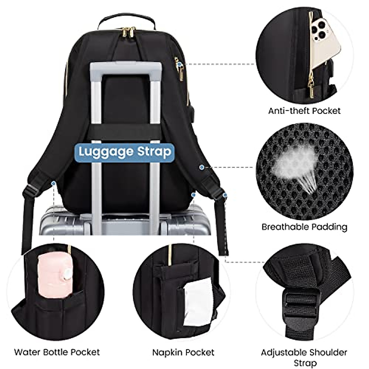 LOVEVOOK Laptop Backpack for Women, Large Capacity Travel Computer Work Bag with 17-inch Laptop Compartment, Business Nurse Backpack Purse, Hiking Outdoor Carry On Backpack, Black