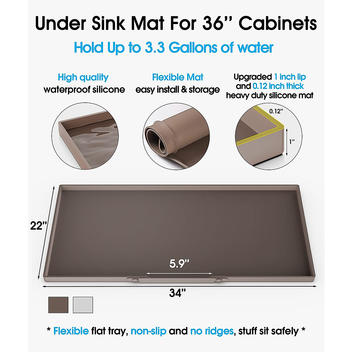 Kitchen Under Sink Mats Waterproof - 34" x 22" Non-Slip Silicone Bathroom Cabinet Drip Tray, Raised Edge Hold up to 3.3 Gallons Liquid Protector for Drips Leaks Spills Liner with Tub Stopper (Brown)