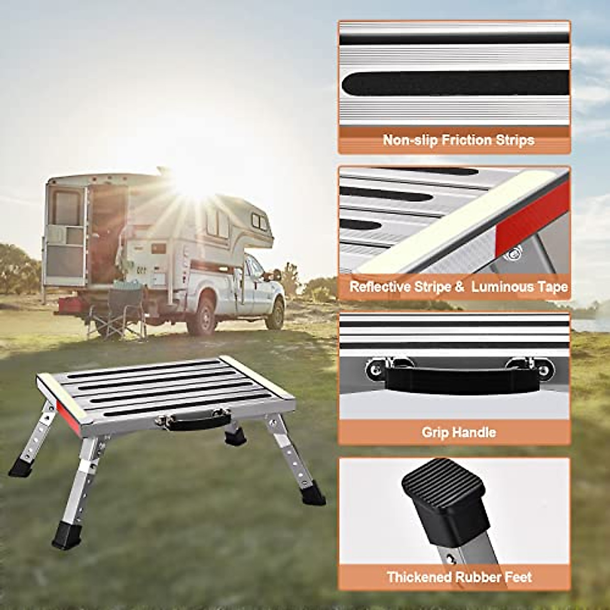Soctone RV Step, Adjustable Height Folding Platform Step with Non-Slip Rubber Feet, Reflective Strips, Handle and Glow in The Dark Tape, Aluminum Step Stool Can Support Up to 1000lbs