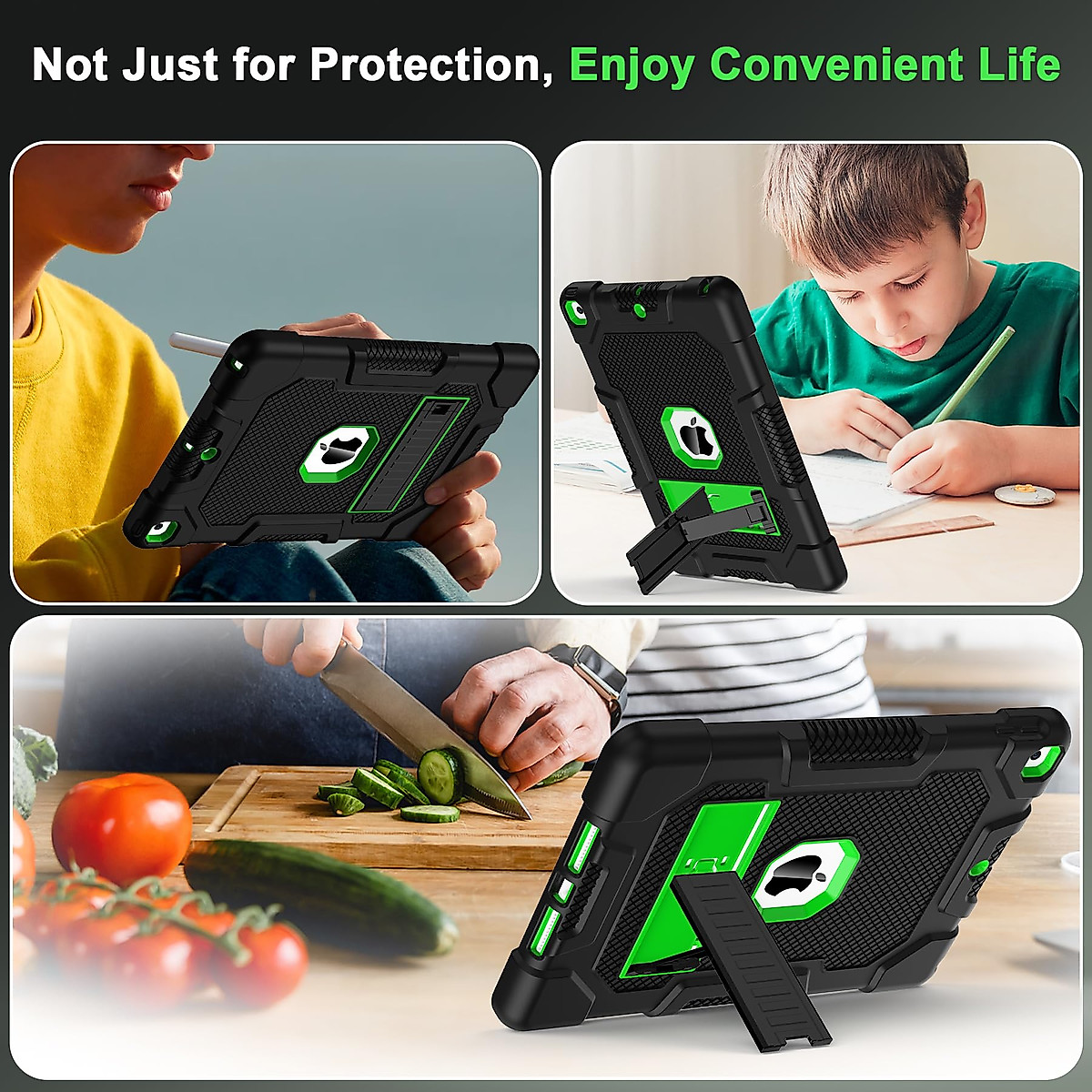 TIMISM 3-Layer Protective Case for iPad 9th/8th/7th Generation 10.2 Inch (2021-2019) | Built-in Kickstand, Military-Grade Drop Protection, Eye-Friendly Green Cover & Enhanced Grip, Black+Green