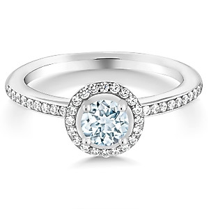 Gem Stone King 925 Sterling Silver Aquamarine Engagement Ring For Women (0.59 Cttw, Gemstone Birthstone, Round 5MM, Available 5,6,7,8,9) (Size 5)