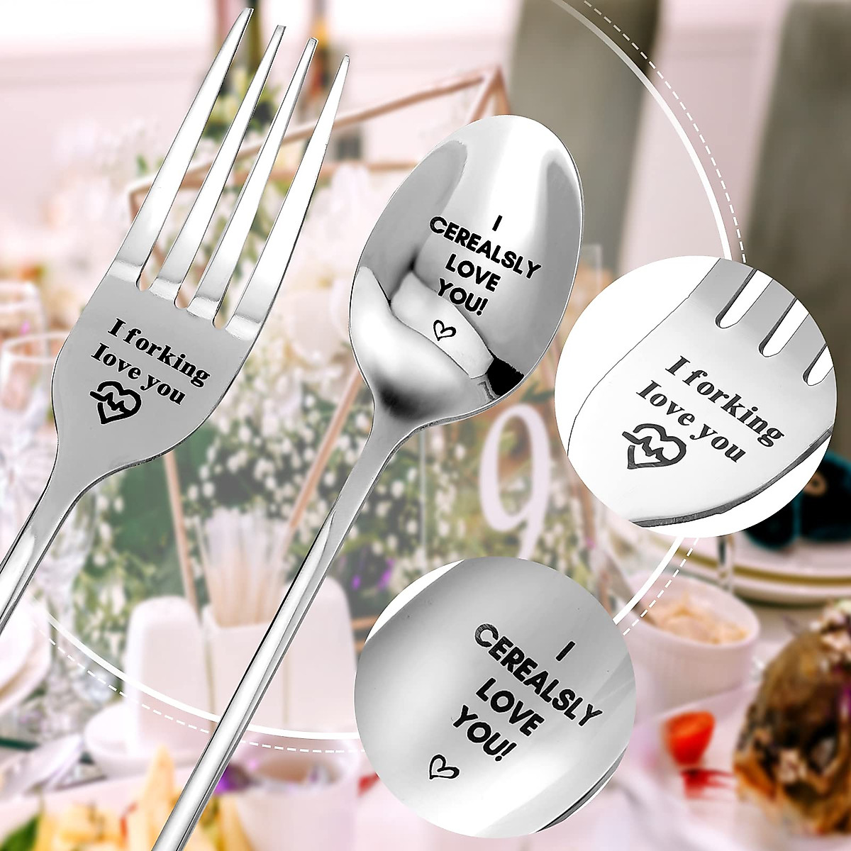 2 Pcs I Love You Engraved Spoon and Fork Set Valentine's Gifts for Boyfriend Girlfriend Couples I Love You Funny Fork Stainless Steel I Cerealsly Love You Cereal Spoon in Gift Box