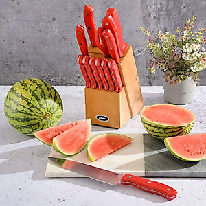 Oster Scottsdale Stainless Steel Kitchen Knife Cutlery Block Set (14-Piece), Red