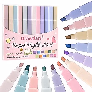 Drawdart Highlighters- 12pcs Assorted Colors with Chisel Tip, No Bleed Pastel and Aesthetic Highlighter for Bible Study, Journaling, Planner- Cute Highlighters for School and Office Supplies