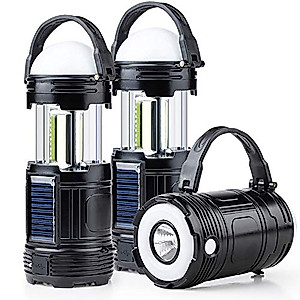 2 Pack Black 5 in 1 Solar USB Rechargeable 3 AAA Power Brightest COB LED Camping Lantern with S Charging for Device, Waterproof Collapsible Emergency Flashlight LED Light