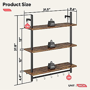 Bestier 3 Tier Industrial Pipe Shelving, Floating Book Shelves for Wall, Storage Hanging Shelves with Towel Bar for Bathroom Organizer Bedroom Kitchen Plants Office. 31.5 Inch Rustic Brown
