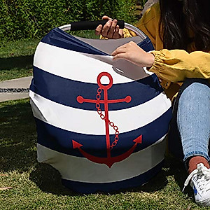 Baby Nursing Covers for Breastfeeding, Baby Car Seat Canopy Covers Scarf for Boys Girls, Nautical Anchor Stripes Canopy, Stretchy Soft Breathable Poncho Infant Stroller Cover, Navy Blue and Red